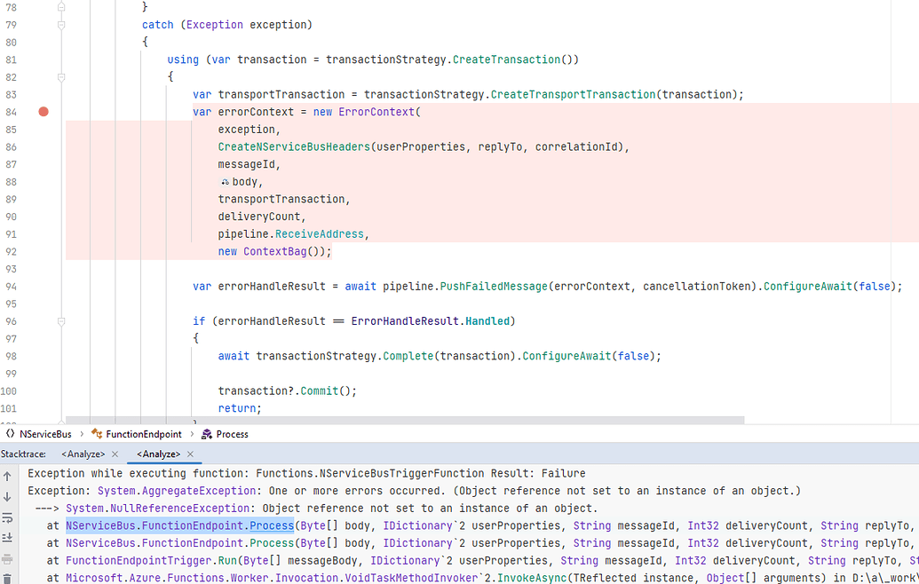 Nservicebus Functionendpoint Process Return Nullreferenceexception